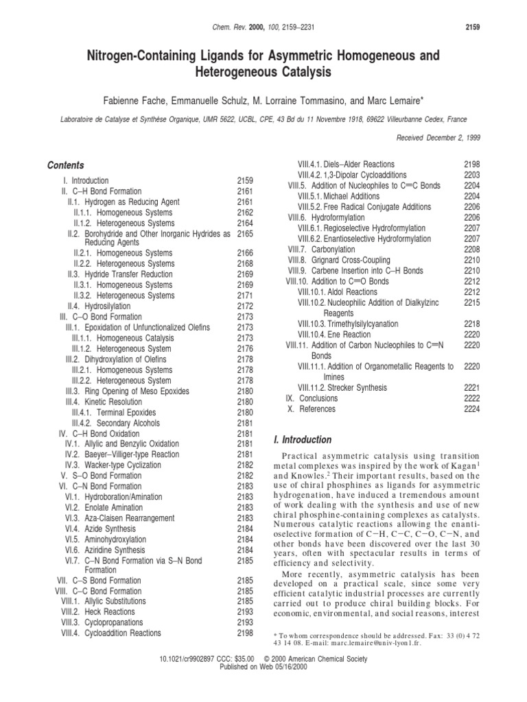 Chem. Rev. 2000, 100, 2159 2231 | PDF | Catalysis | Enantioselective Synthesis