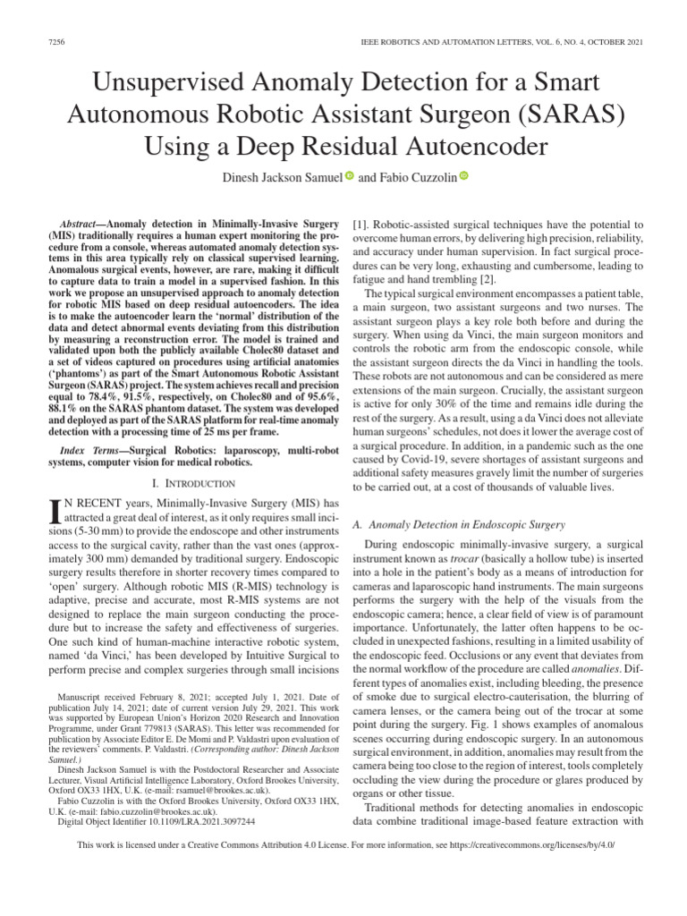 Unsupervised Anomaly Detection For A Smart Autonomous Robotic Assistant Surgeon Saras Using A