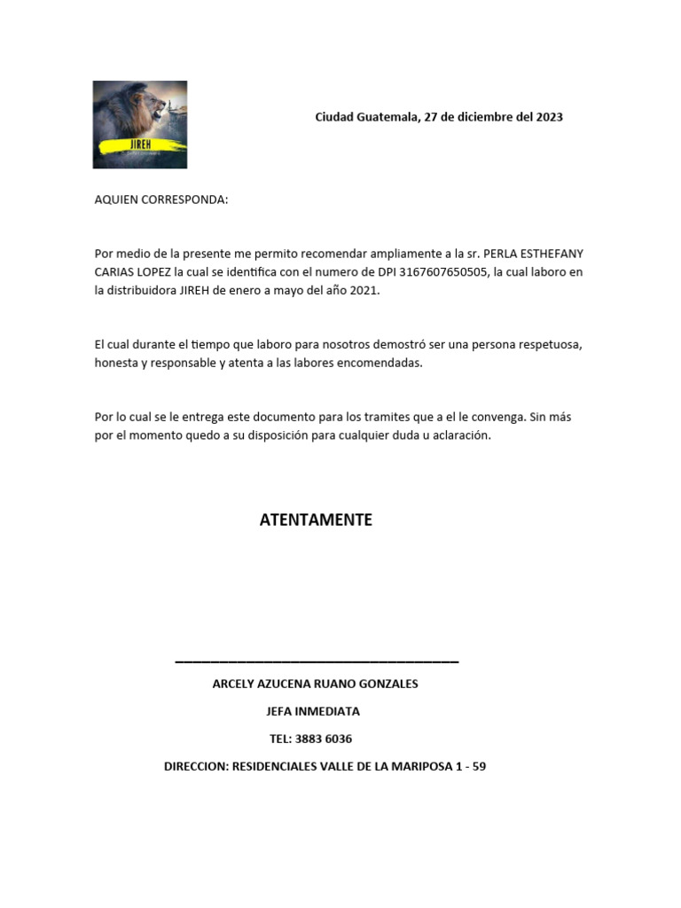 Recomendación Laboral para Perla Carias | PDF