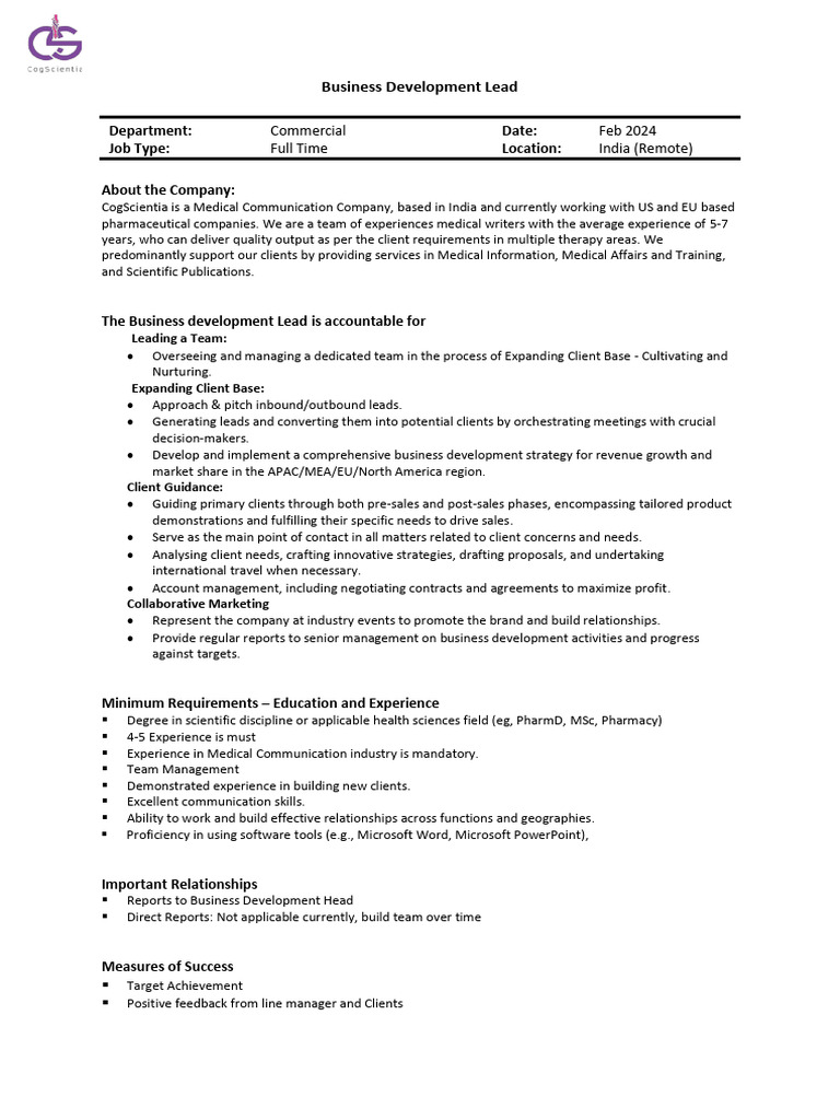 JD-Business Development Lead | PDF | Business | Communication