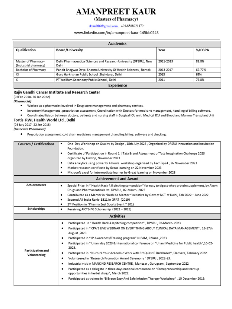 Amanpreet Kaur Resume 2-1 | PDF | Pharmacy | Pharmacist