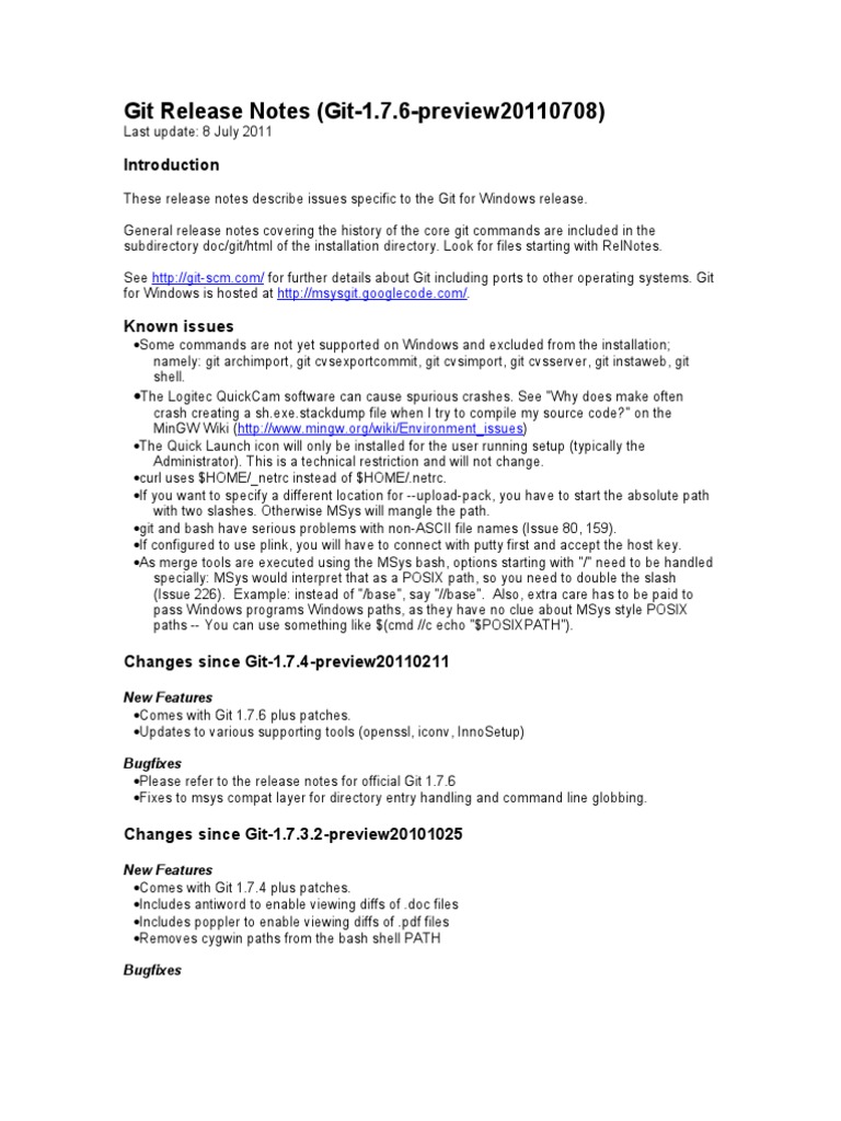Git Release Notes (Git-1.7.6-Preview20110708) : New Features | PDF ...