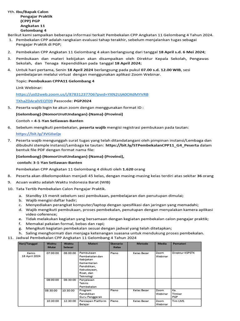 Jadwal Pembekalan CPP Angkatan 11 Gelombang 4 | PDF