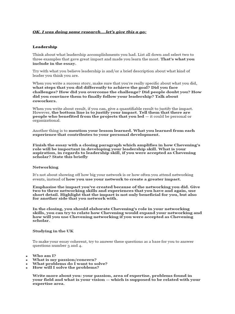 Chevening Essay Writing Guide | PDF | Leadership | Essays