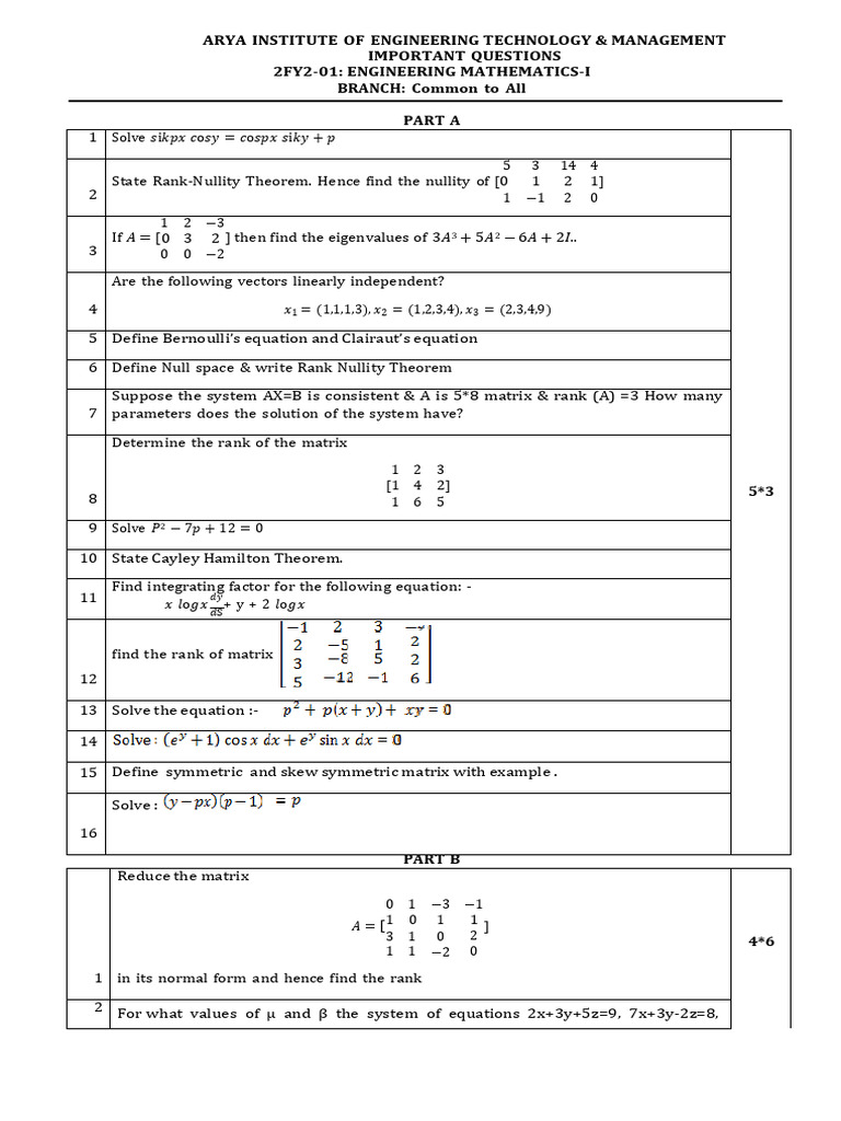 2fy2-01 Engineering Mathematics-I (A To D) | PDF | Matrix (Mathematics ...