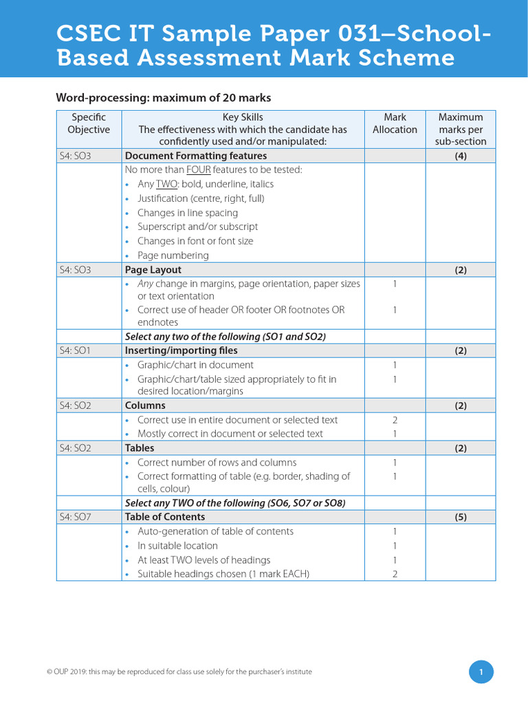 mark scheme | PDF | Spreadsheet | Page Layout