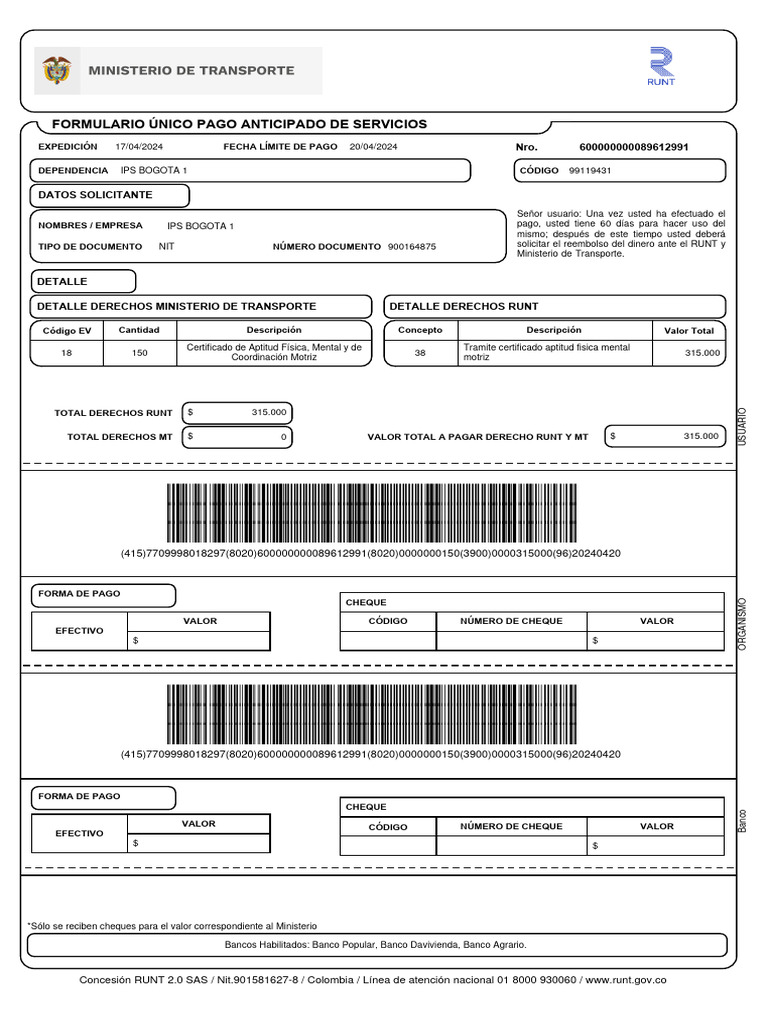 Formulario Único Pago Anticipado de Servicios | PDF | Bancario | Dinero