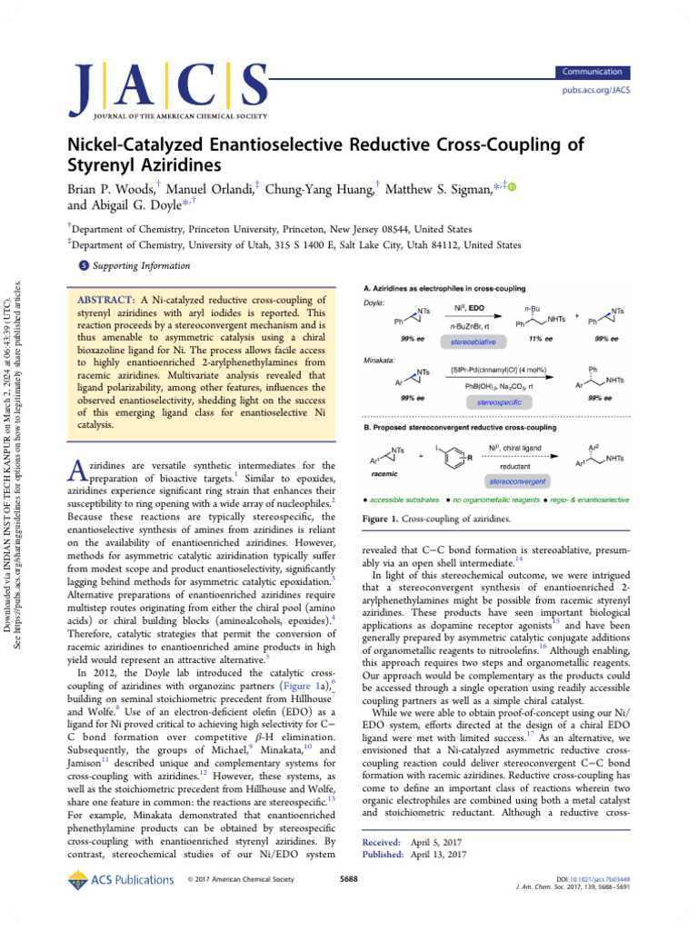 Woods Et Al 2017 Nickel Catalyzed Enantioselective Reductive Cross Coupling of Styrenyl ...