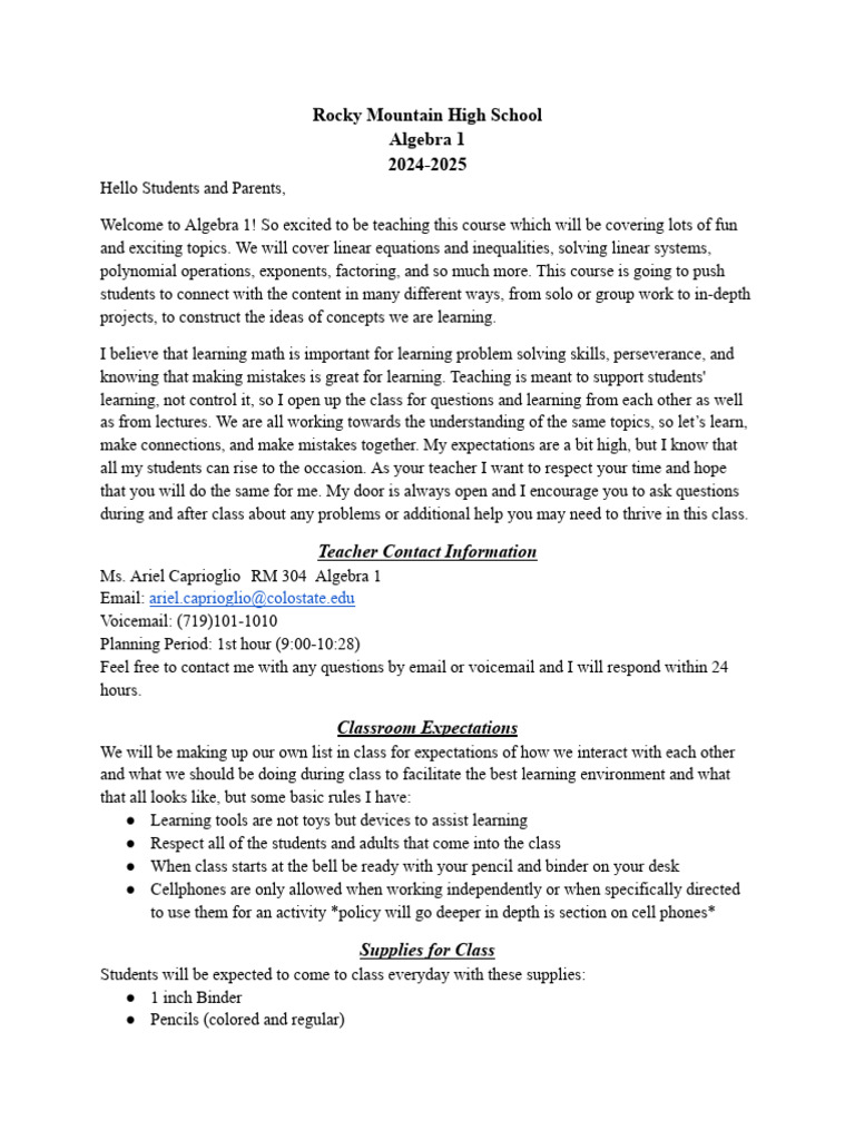 Classroom Expectations Management Syllabus sp24 | PDF | Algebra | Learning