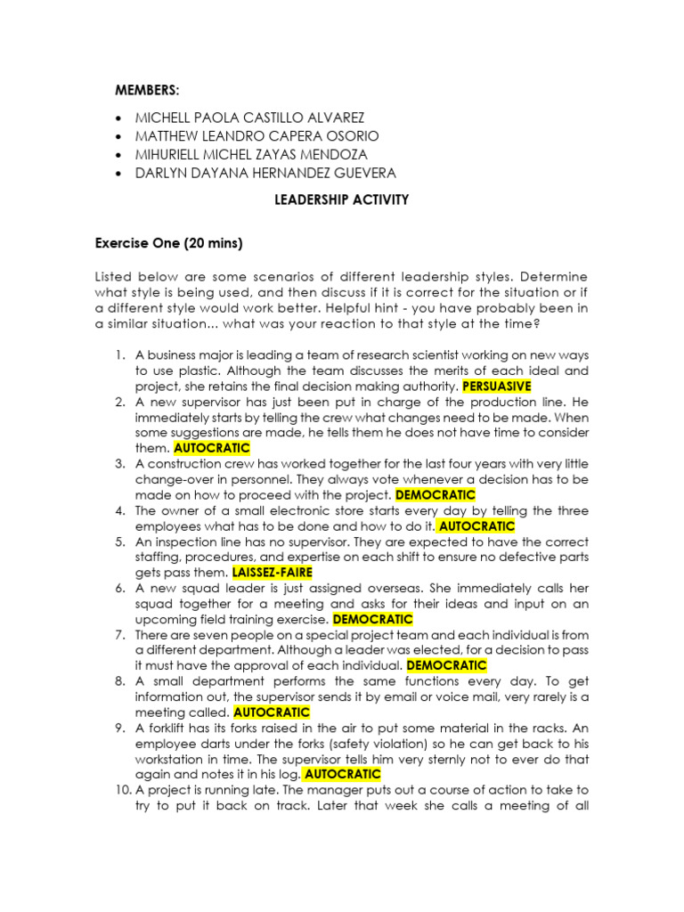 Leadership Style Activity | PDF | Leadership | Business