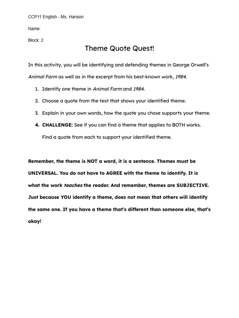 Kailynn Greer - Animal Farm Theme Quote Quest | PDF
