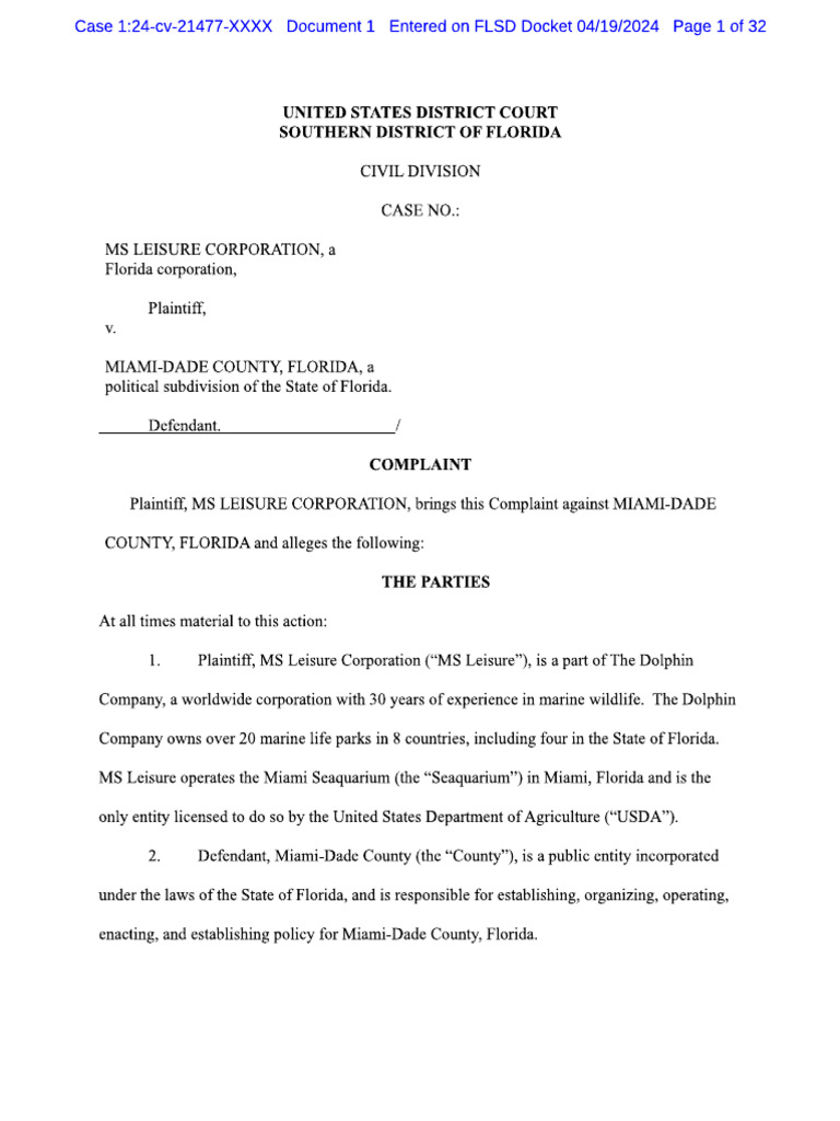 MS Leisure v. Miami-Dade County - 24-Cv-21477 - Complaint | PDF