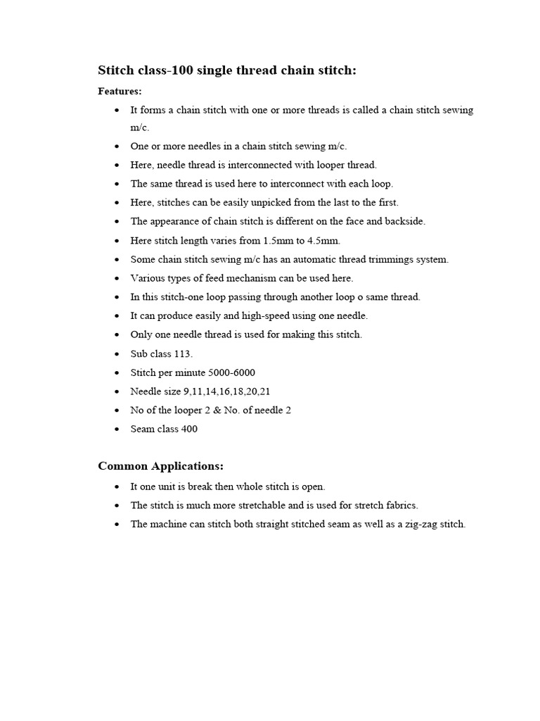 Features & Common Application of Stitch Classes | PDF | Seam (Sewing) | Sewing Machine