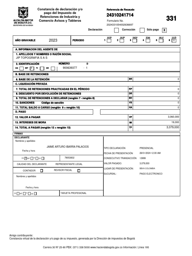 Constancia De Declaración Y O Pago Del Impuesto De Retenciones De Industria Y Comercio Avisos Y