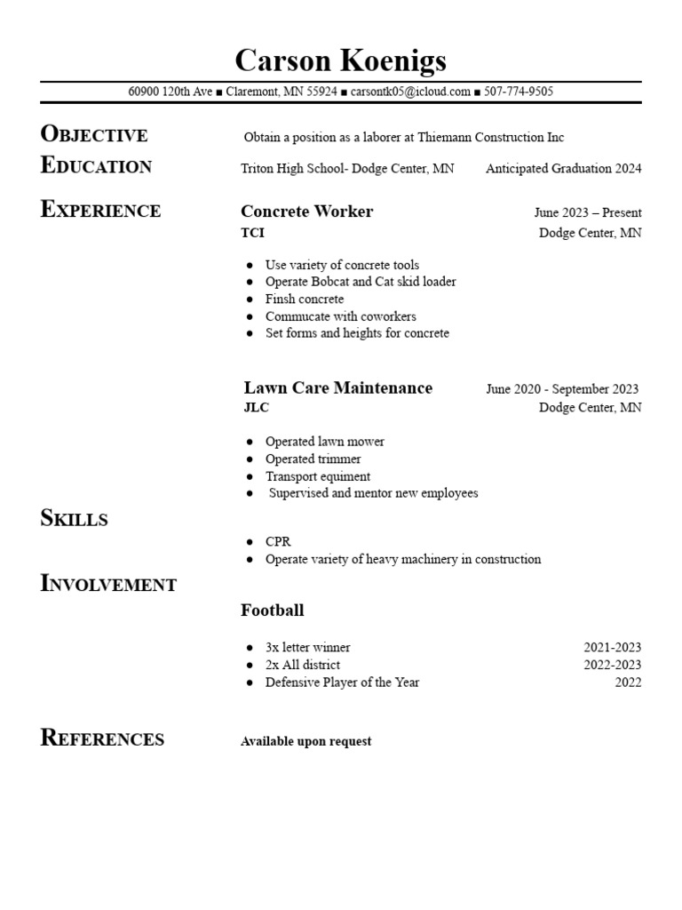 Carson Koenigs: Laborer Resume | PDF