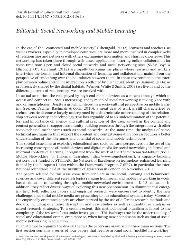 Editorial: Social Networking and Mobile Learning: British Journal of Educational Technology Vol ...