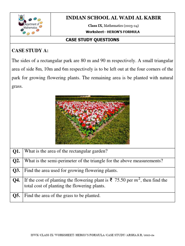 Class IX Heron's Formula Worksheet | PDF | Area | Triangle