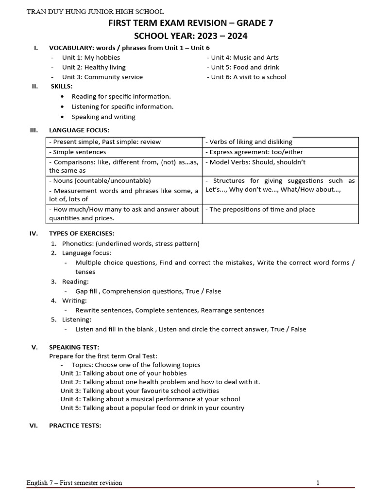 (23-24) TDH - E7 - 1st Term Revision | PDF | Scouting | Cuisine