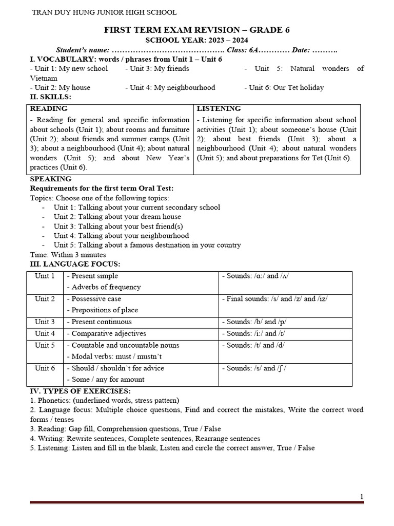 Grade 6 Exam Revision Guide | PDF