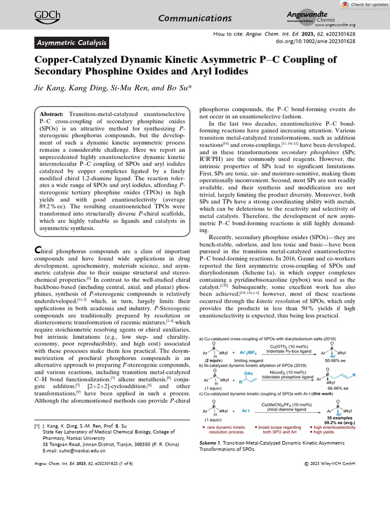 Angew Chem Int Ed - 2023 - Kang - Copper Catalyzed Dynamic Kinetic Asymmetric P C Coupling of ...