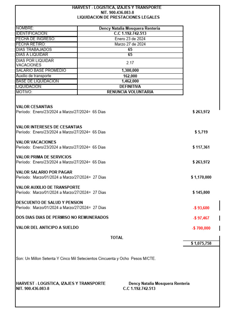 Liquidación Dency Natalia HARVEST SAS | PDF | Liquidación | Salario