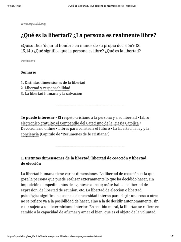 ¿Qué Es La Libertad - ¿La Persona Es Realmente Libre - Opus Dei | PDF | Libertad | Salvación