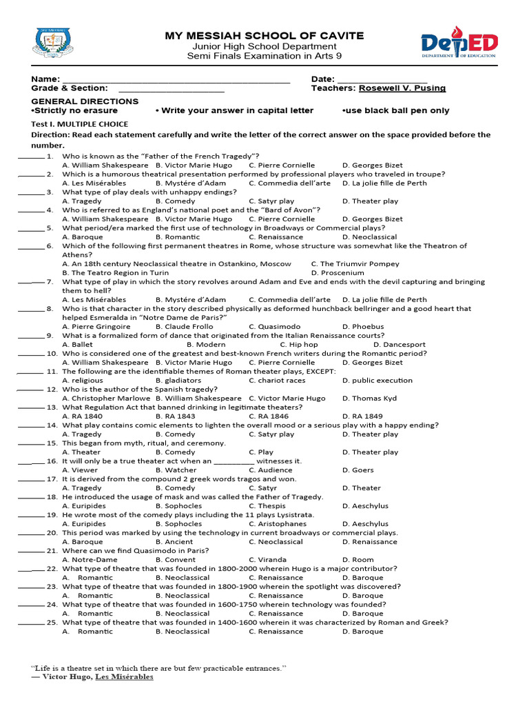 Semi-Final Exam Arts 9 | PDF | Theatre | Tragedy