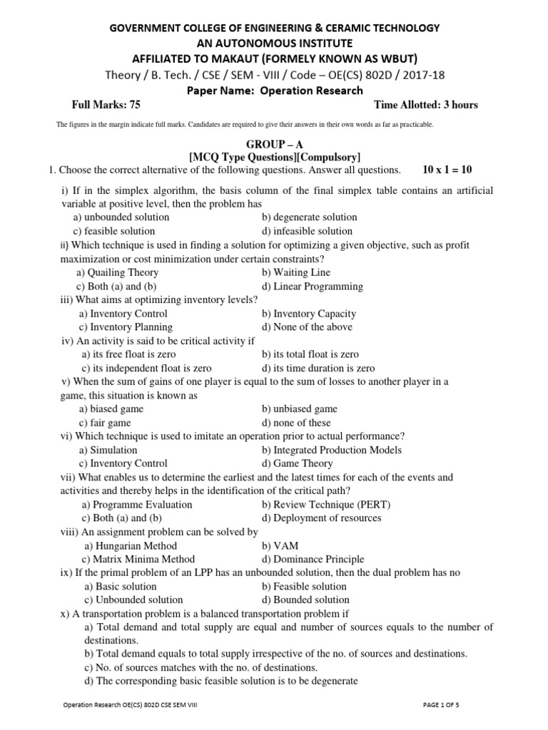 2018 OE (CS) 802D Operation Research | PDF | Mathematical Optimization | Analysis