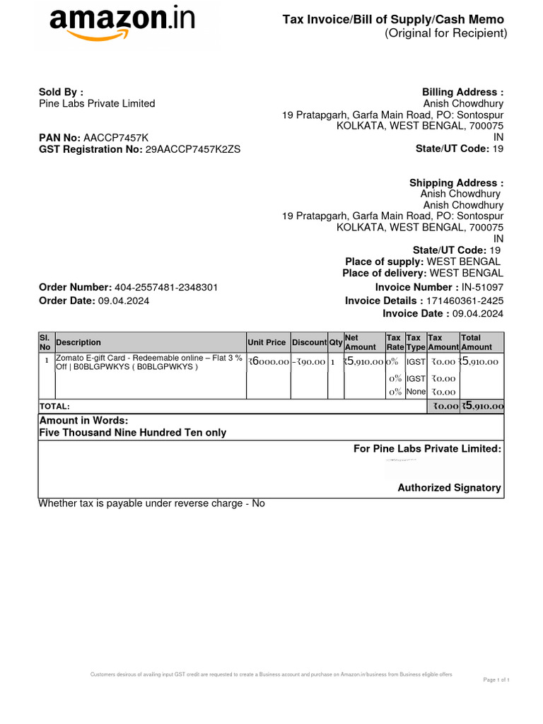 Zomato E Gift Card Invoice 5910 | PDF | Invoice | Economies