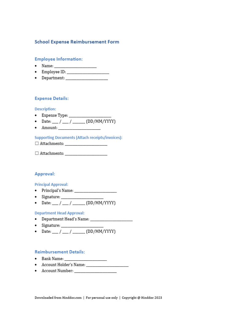 School Expense Reimbursement Form for Finance and Accounting | PDF