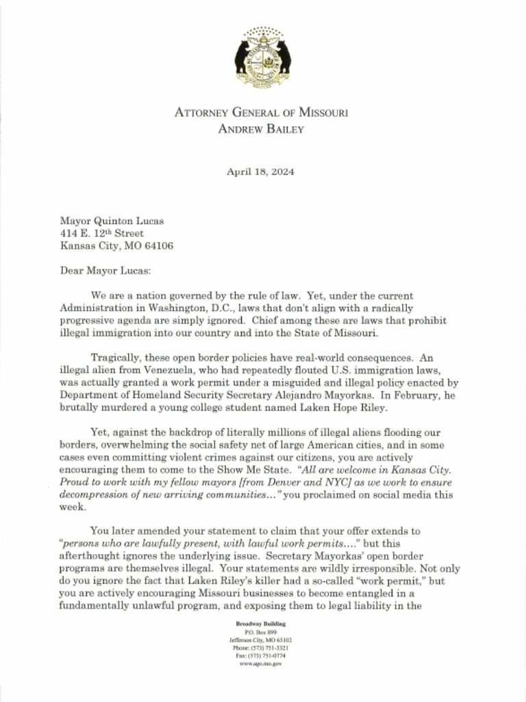 Missouri AG/Quinton Lucas Letter | PDF