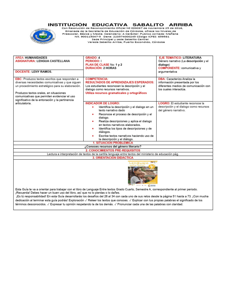 Plan de Clases - Lengua Castellana Grado 4. | PDF | Educación de la primera infancia | Aprendizaje