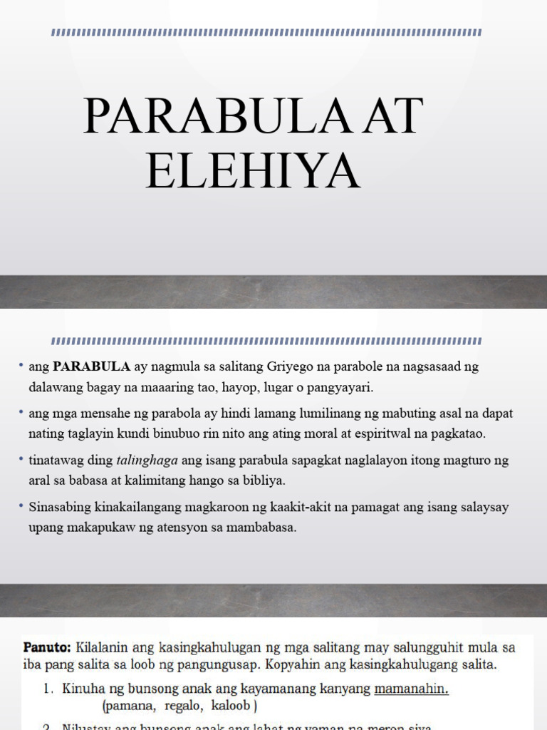 Filipino 9 - Parabula at Elihiya | PDF