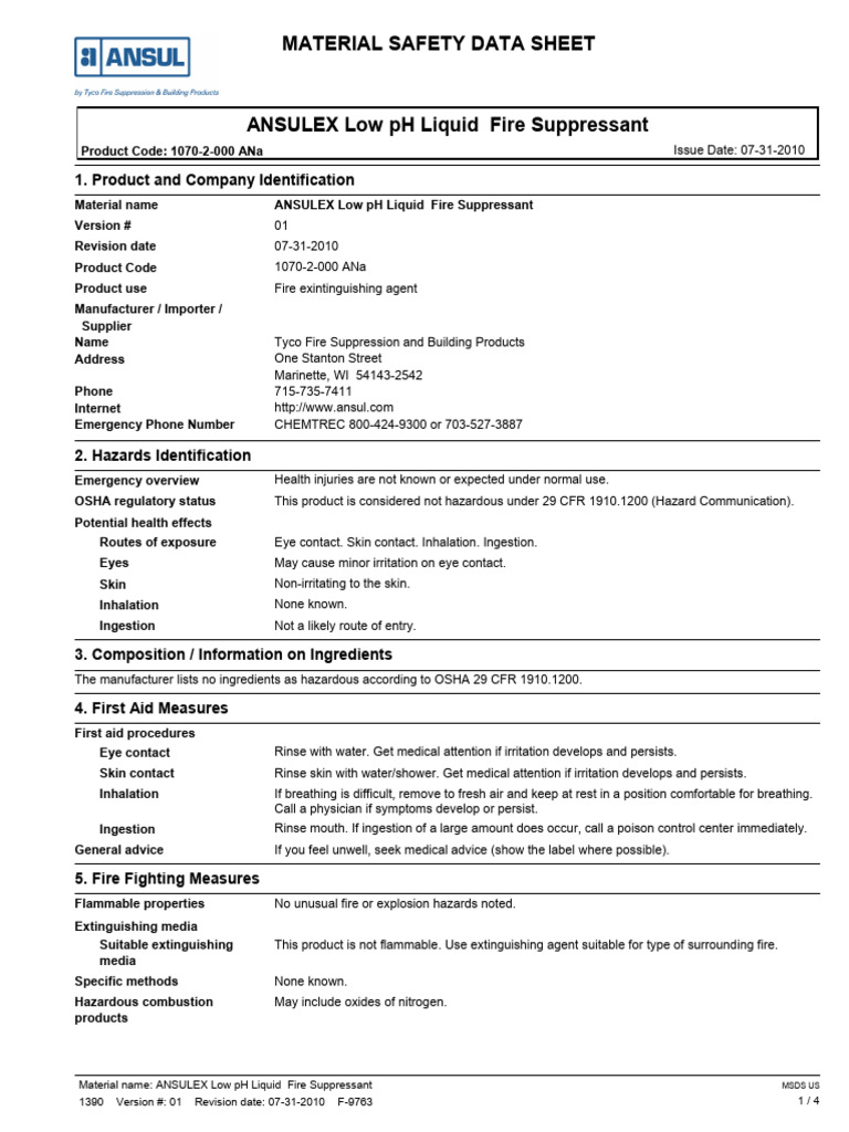 Ansul Ansulex Low PH 2010-07-31 | PDF | Dangerous Goods | Hazardous Waste