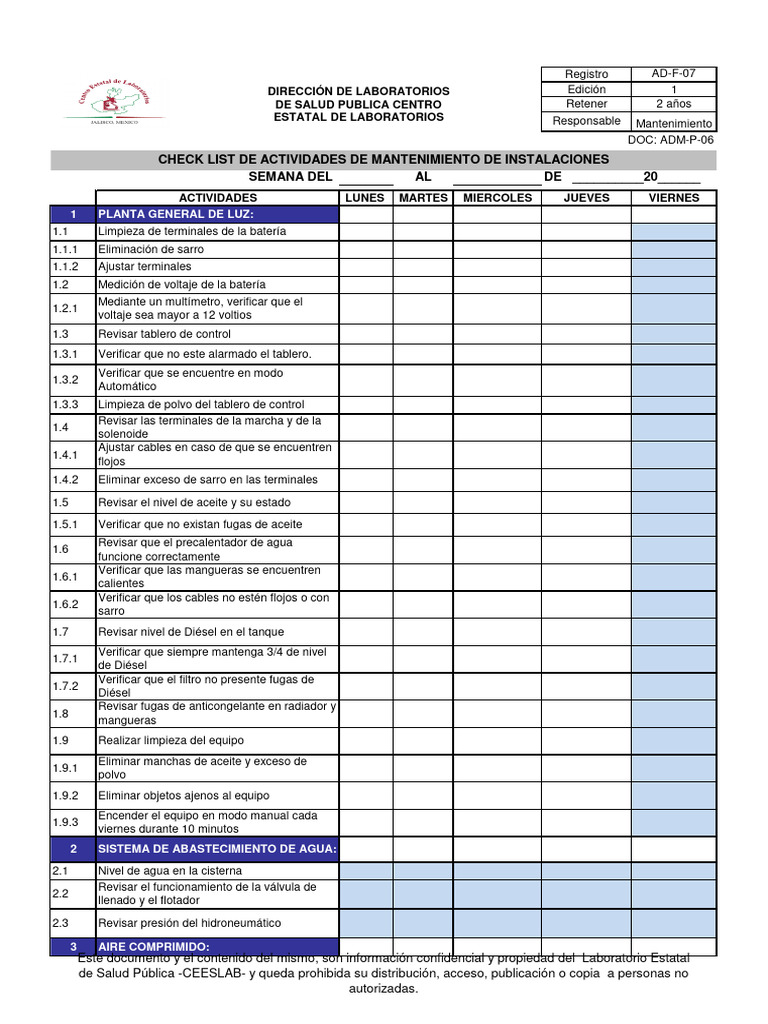 Ad F 07 Check List Actividades Mantenimiento Pdf Presión Gases