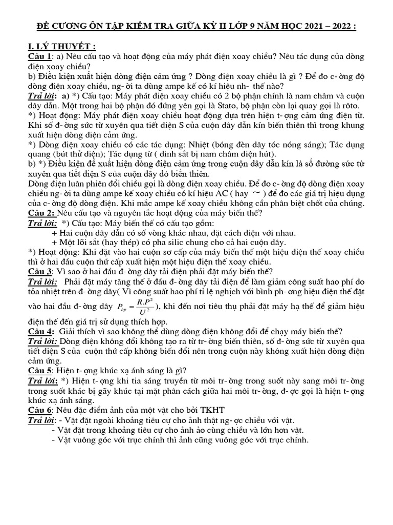 Đề cương GK2 vật lí | PDF