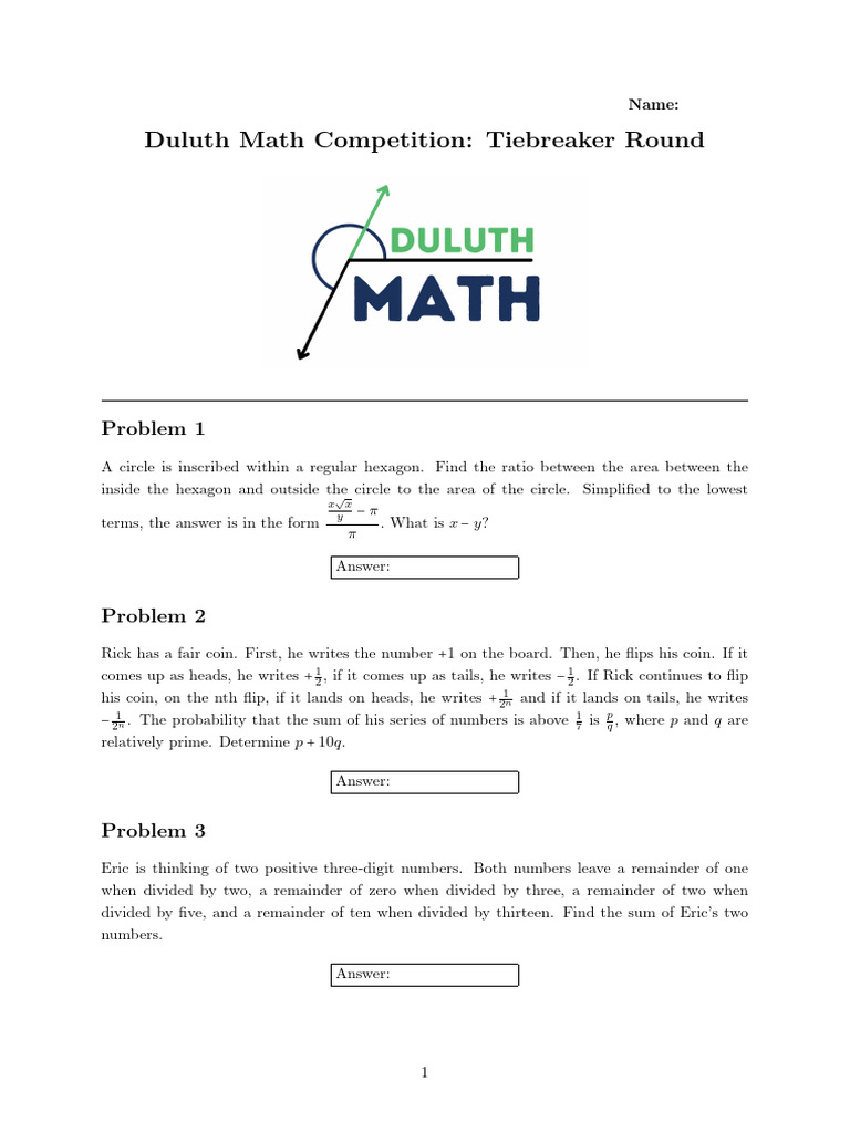 Duluth Math Competition Individual Tiebreaker Round | PDF