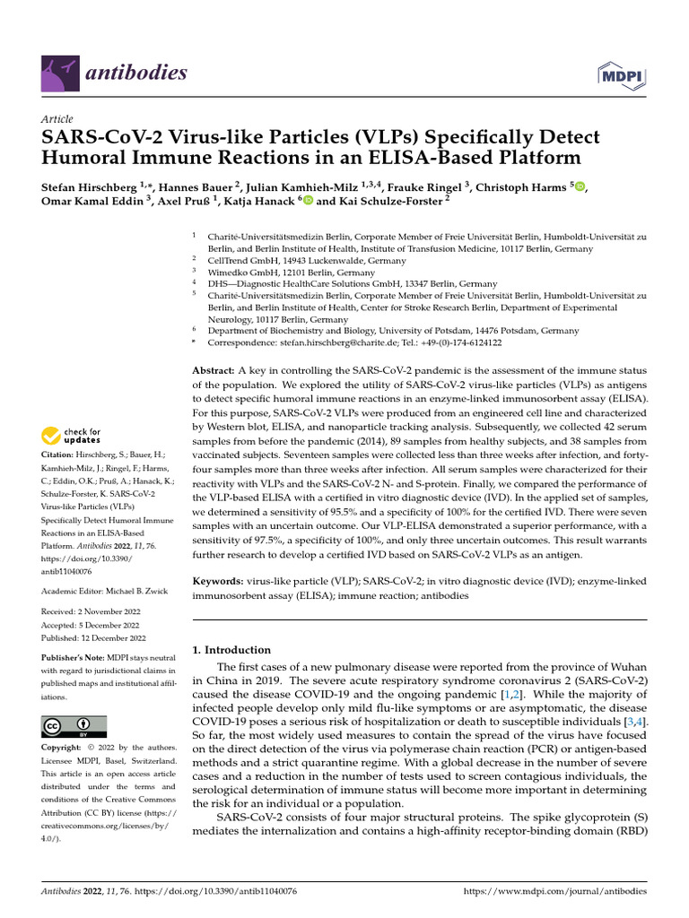 SARS-CoV-2 VLPS Specifically Detect Humoral Immune Reactions | PDF ...