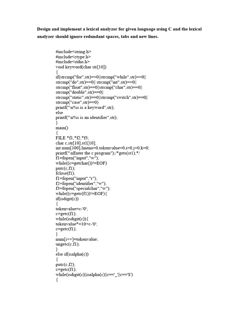 Design and implement a lexical analyzer for given language using C and ... Design and implement a lexical analyzer for given language using C and ...