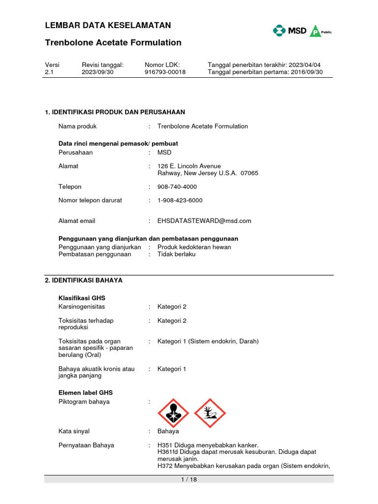 Product - Safety-Data-Sheets - Ah-Sds - Trenbolone Acetate Formulation - AH - ID - ID | PDF