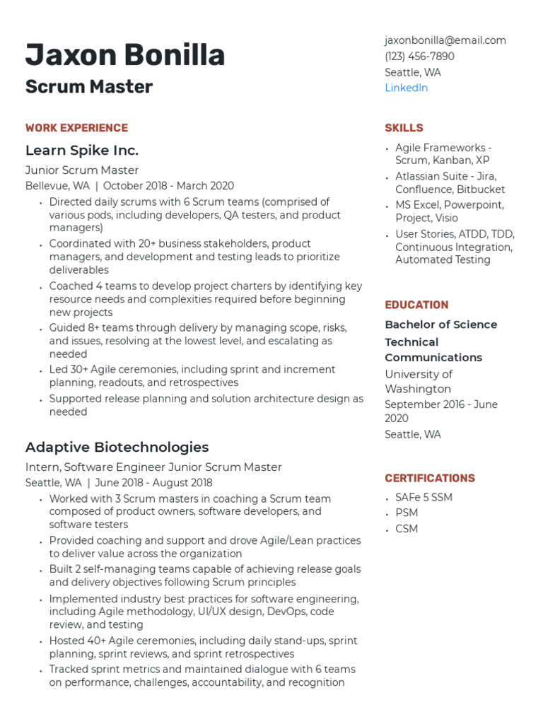 Entry Level Scrum Master Resume Example | PDF | Scrum (Software Development) | Agile Software ...