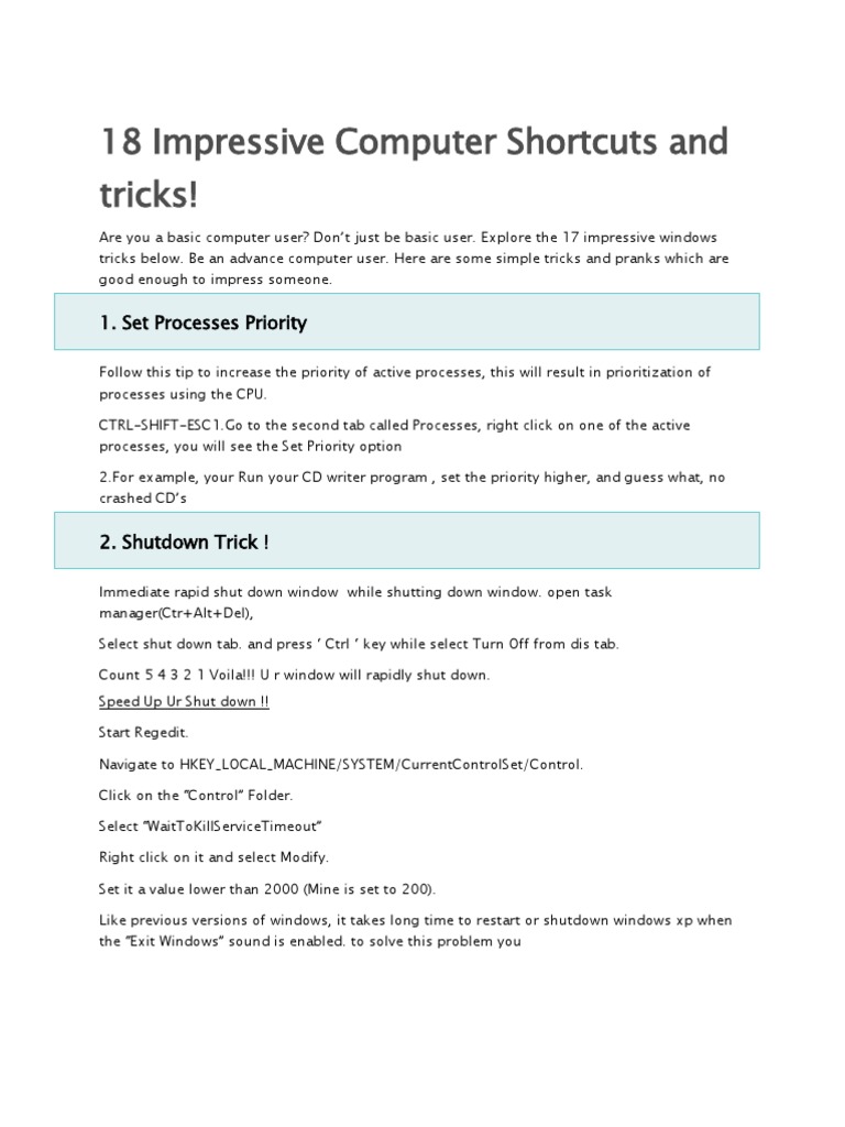 18 Impressive Computer Shortcuts and Tricks | PDF | Windows Registry ...