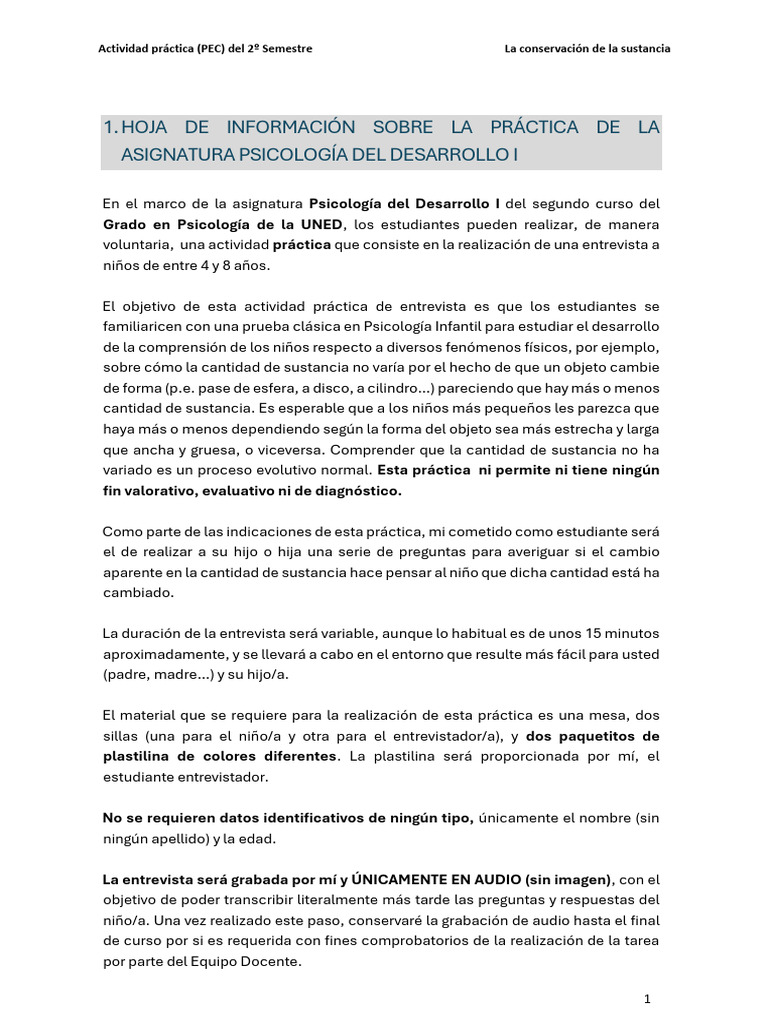 PEC Hoja de Información Sobre La Práctica de Psicología Del Desarrollo I | PDF | Sicología ...