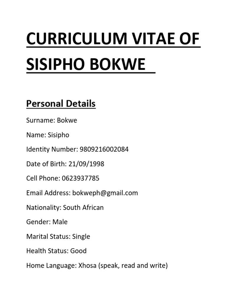 CV of Sisipho Bokwe in Xhosa | PDF | Foreign Language Studies