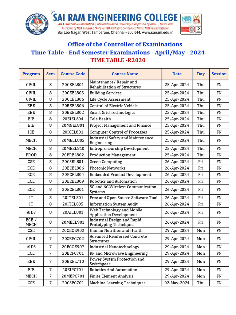 AM-2024 ESE-Time Table-Final Year-R2020 | PDF | Electrical Engineering | Electronic Engineering