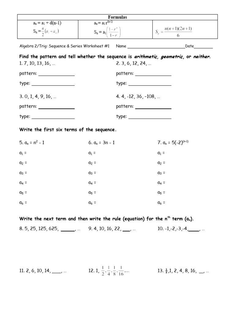 Sequence and Series Worksheet Guide | PDF | Summation | Formula