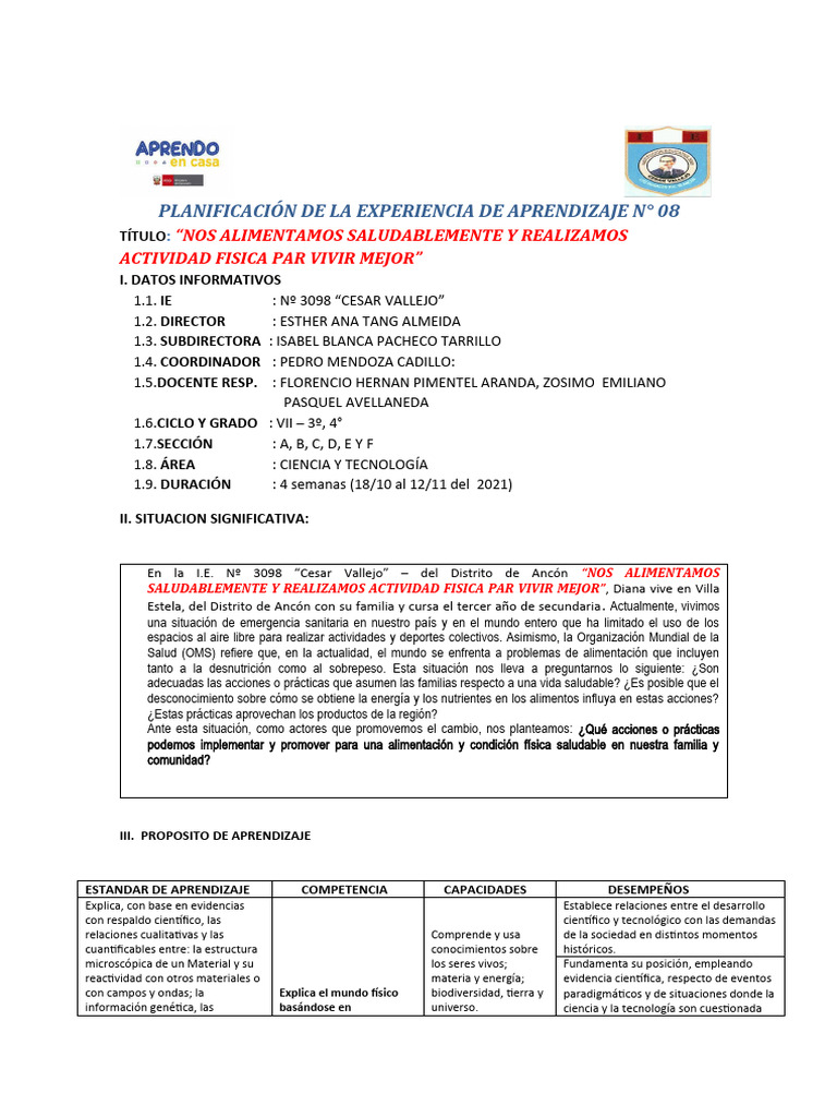 PLANIFICACIÓN DE LA EXPERIENCIA DE APRENDIZAJE #08set. 3º | PDF | Aprendizaje | Alimentos