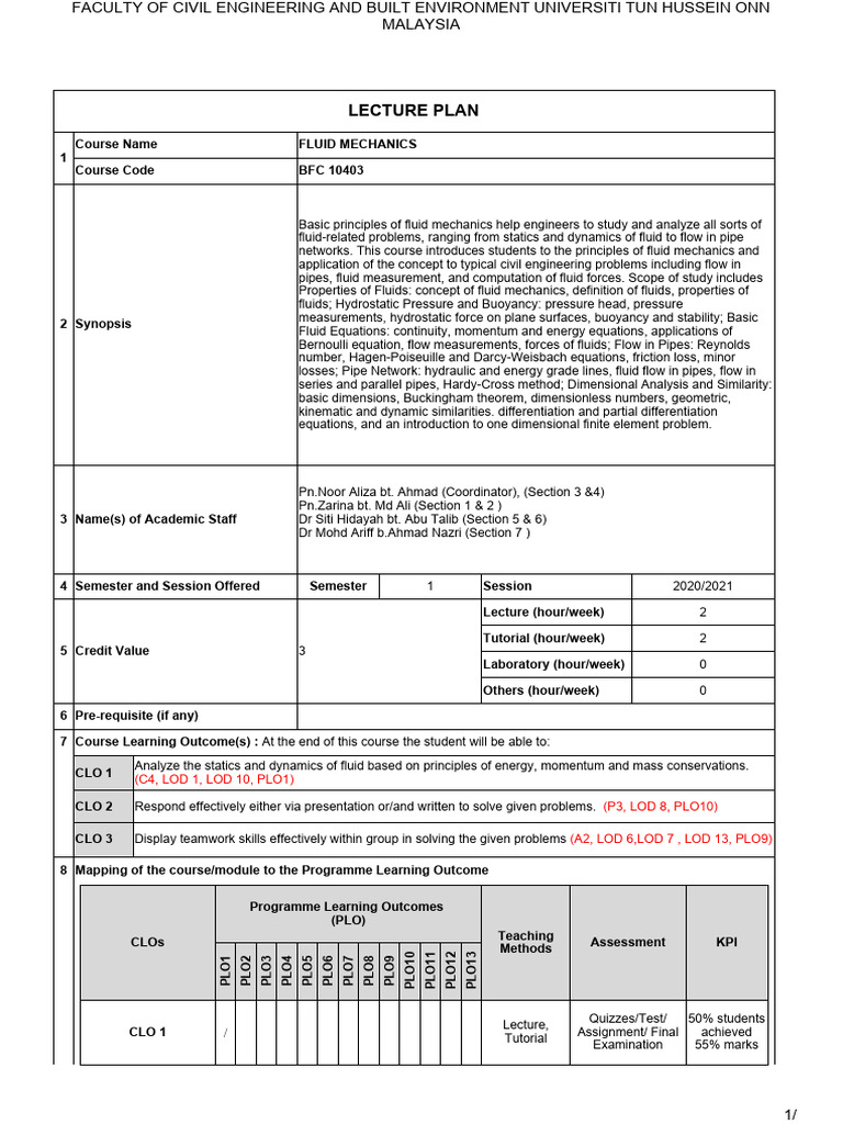 Fluids Mechanics Course Plan | PDF | Fluid Dynamics | Fluid Mechanics