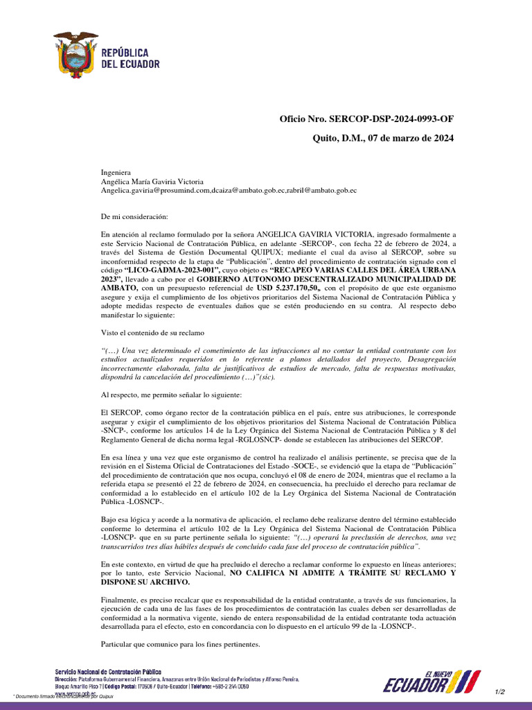 Sercop DSP 2024 0993 of | PDF | Justicia | Crimen y violencia