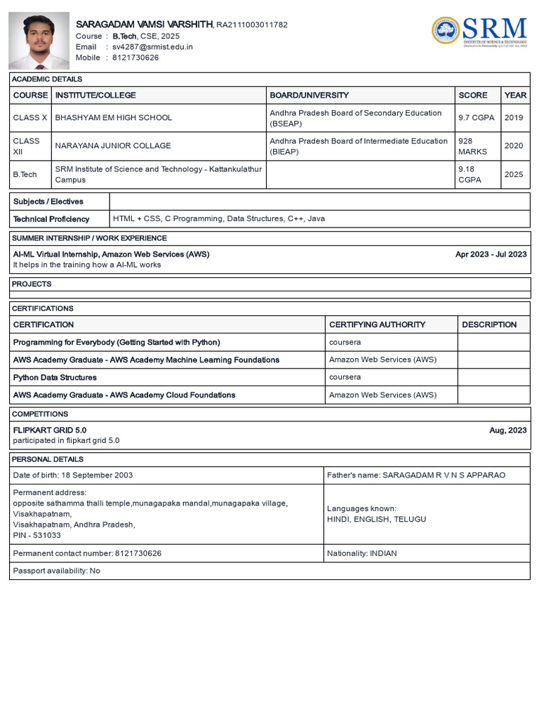 Resume Vamsi Varshith Saragadam For Saragadam Vamsi Varshith | PDF ...